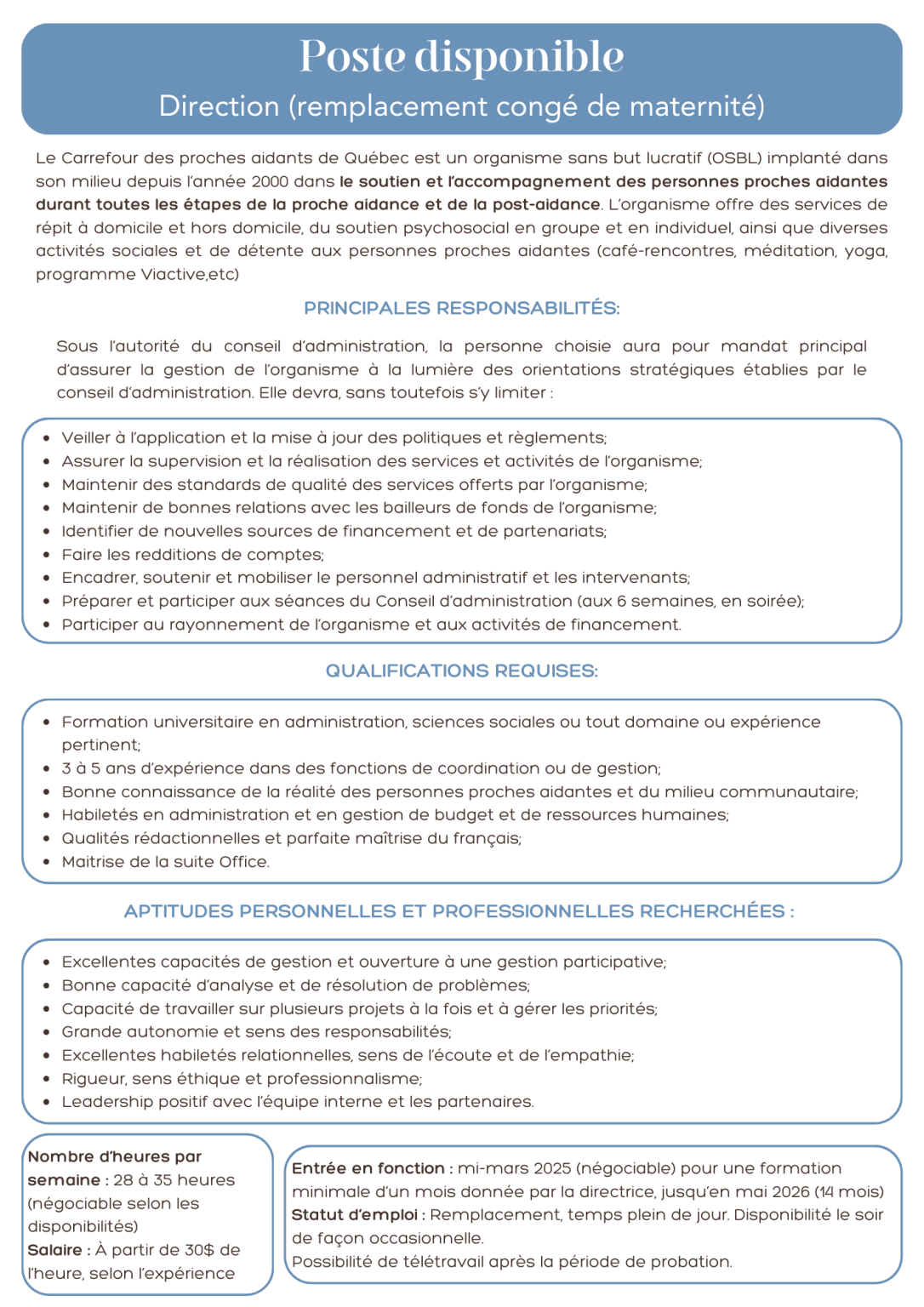 Affichage de poste – Direction – Carrefour des proches aidants de Québec